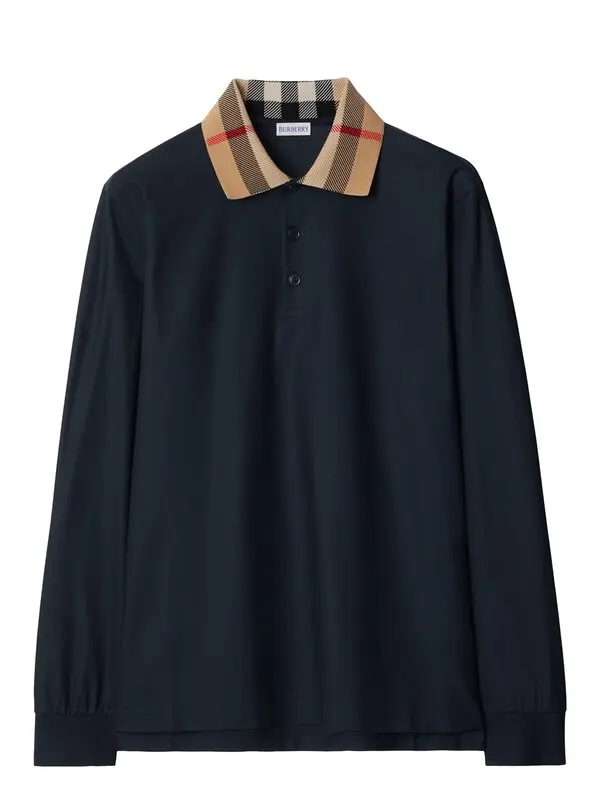 Burberry Cotton Check-collar Long-sleeve Polo Shirt - Navy