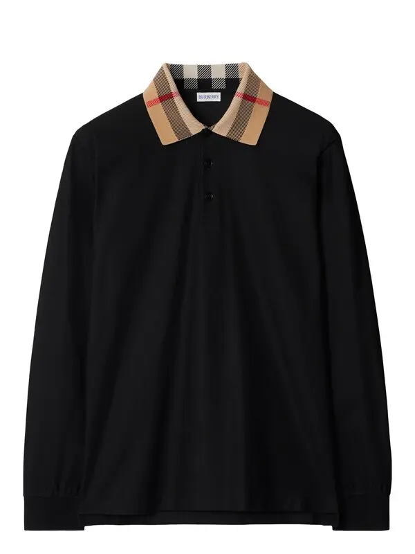 Burberry Cotton Check-collar Long-sleeve Polo Shirt - Black
