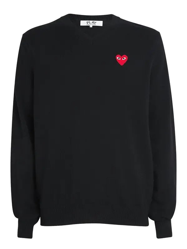 Play Comme Des Garcon Wool V-neck Sweater With Heart Applique - Black