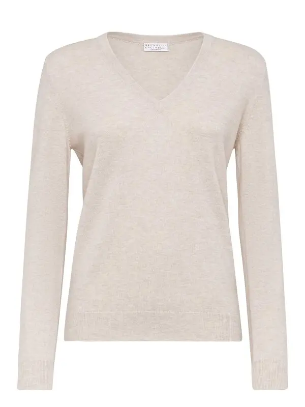 Brunello Cucinelli Cashmere V-neck Sweater With Monili Detail - Beige