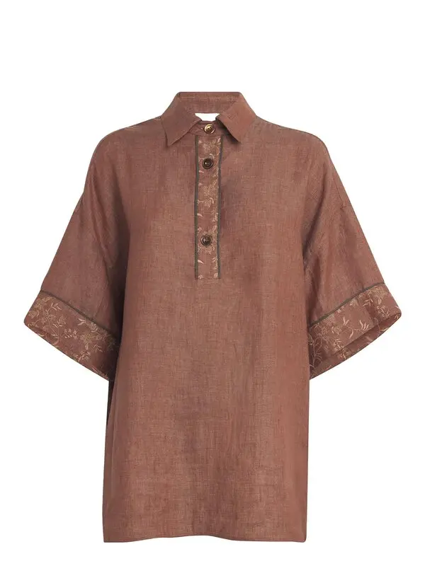Eleventy Linen Embroidered Collared Shirt - Beige