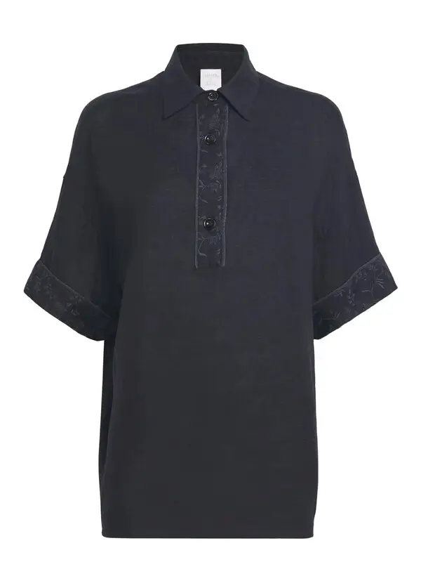 Eleventy Linen Embroidered Collared Shirt - Black