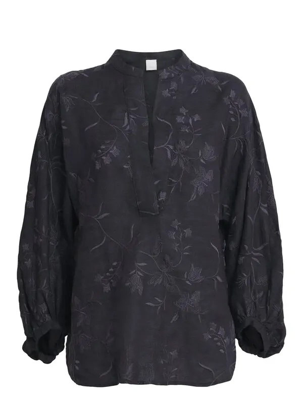 Eleventy Linen Floral-embroidered Blouse - Black
