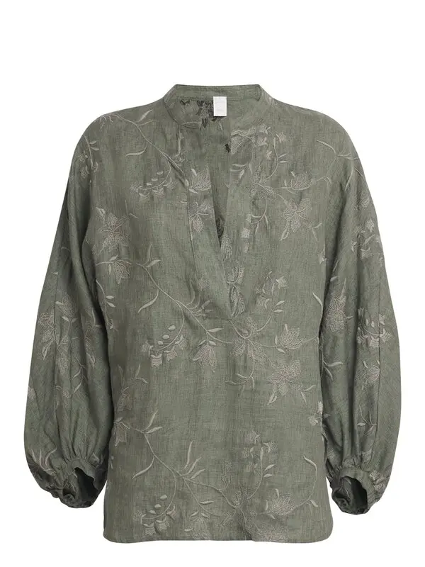Eleventy Linen Floral-embroidered Blouse - Green