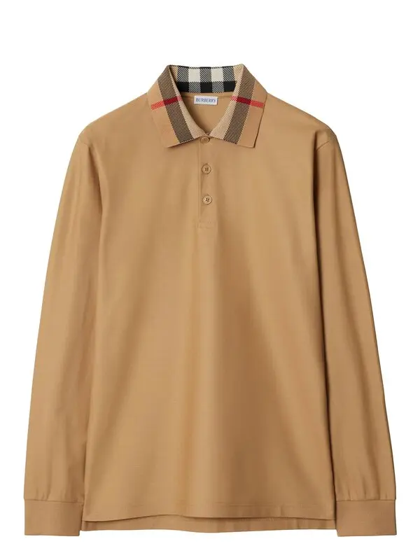 Burberry Cotton Check-collar Long-sleeve Polo Shirt - Beige