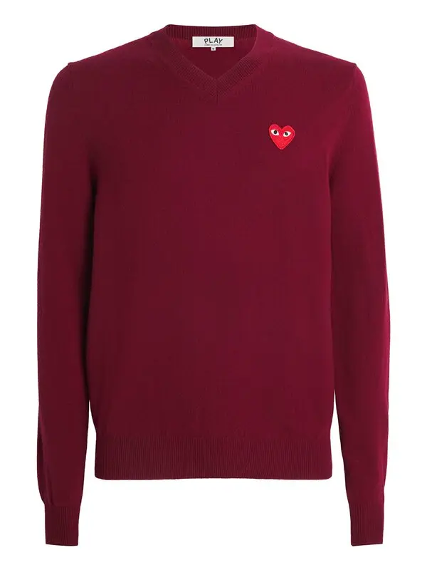 Play Comme Des Garcon Wool V-neck Sweater - Burgundy
