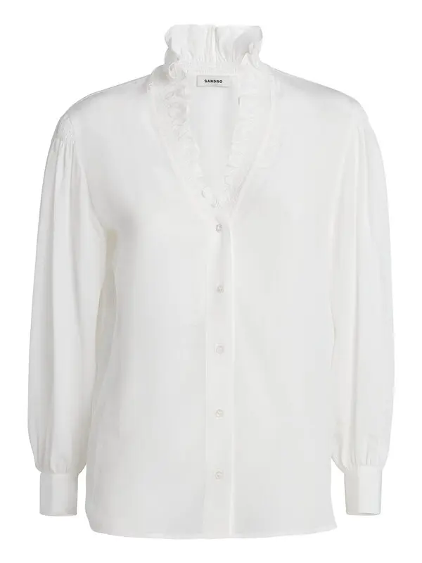 Sandro Silk Ruffle Collar Shirt - Beige