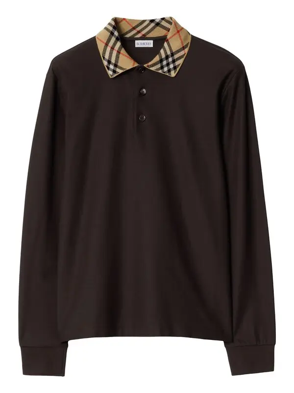 Burberry Cotton Check-collar Long-sleeve Polo Shirt - Brown