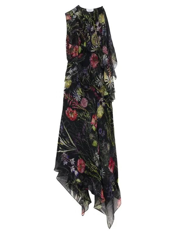 Alexander McQueen Silk Floral Asymmetric Maxi Dress - Black