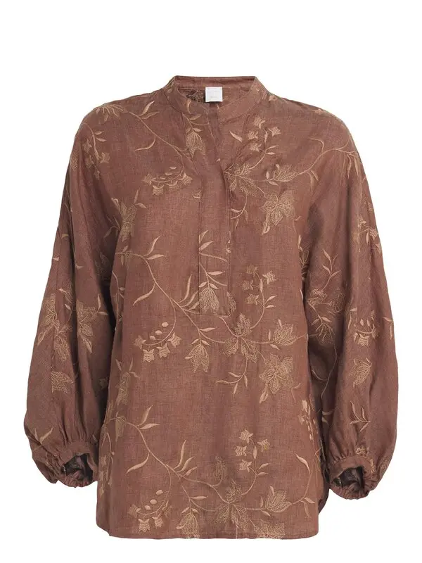 Eleventy Linen Floral-embroidered Blouse - Beige