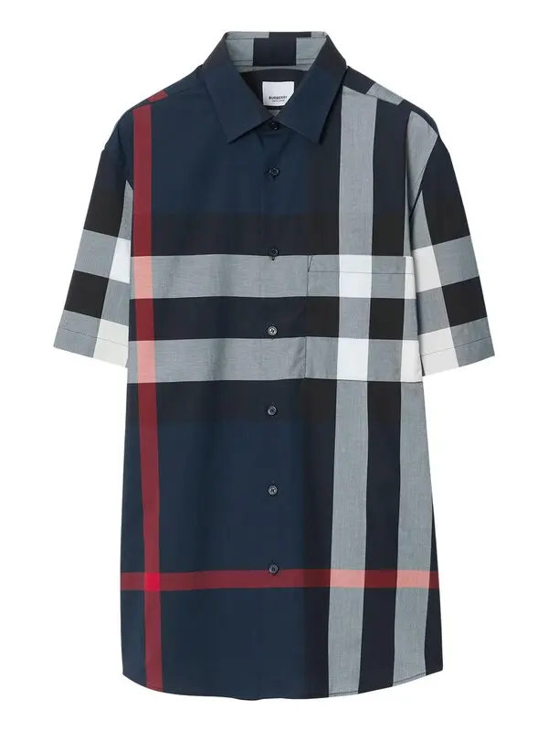 Burberry Cotton Enlarged-check Short-sleeve Shirt - Navy