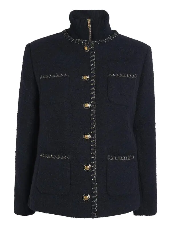 Sandro Tweed Jacket With Braided Trim - Blue