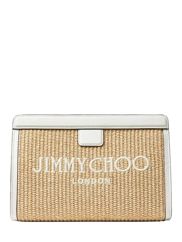 JIMMY CHOO Raffia Leather-trim Avenue Pouch - White