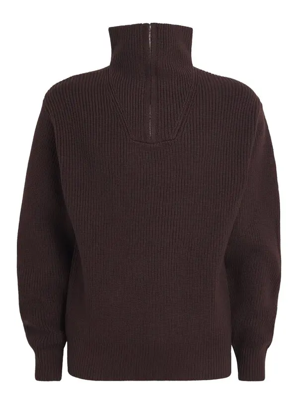 Officine Générale Merino Wool Quarter-zip Ribbed Sweater - Brown