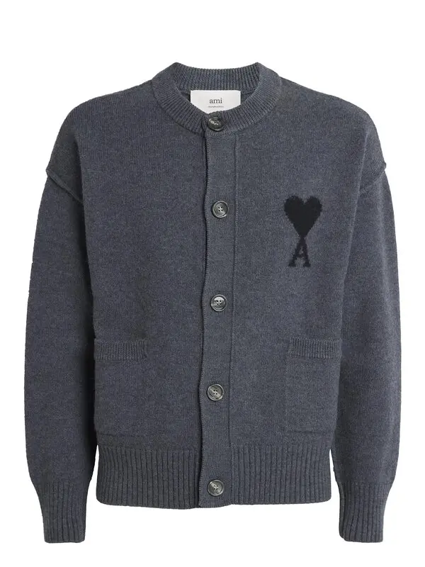 Ami Virgin Wool De Coeur Cardigan - Grey