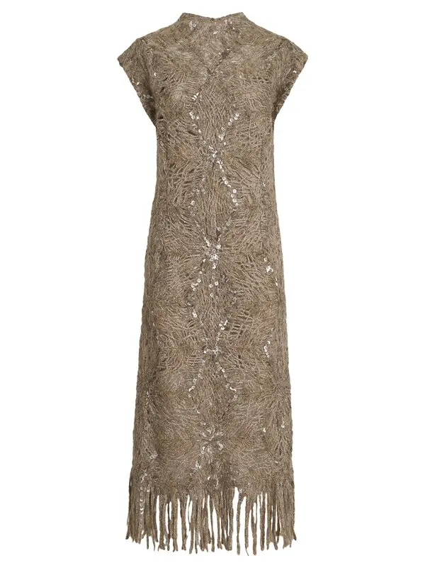Brunello Cucinelli Mohair-blend Embellished Midi Dress - Beige