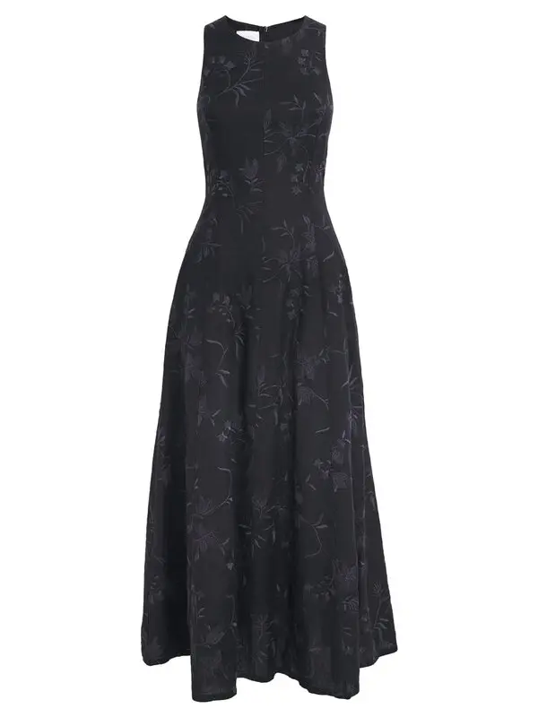 Eleventy Linen Floral Embroidered Midi Dress - Black