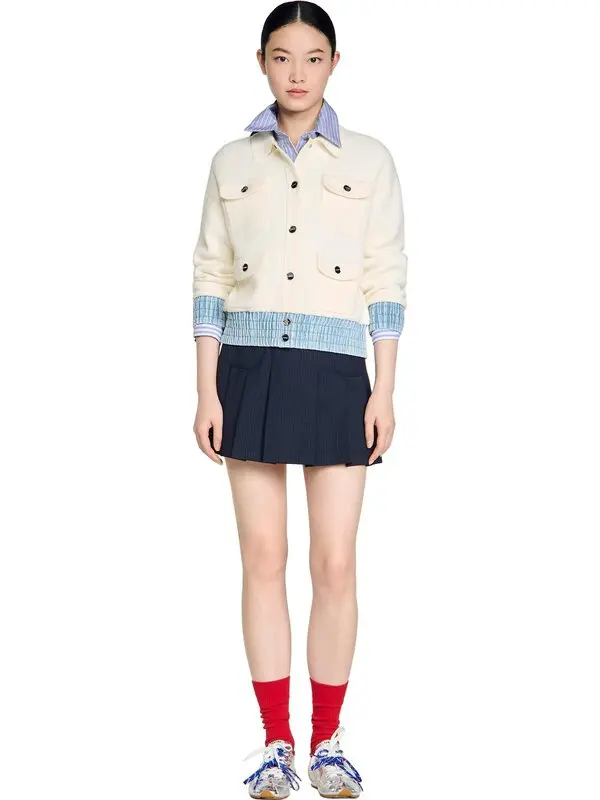 Sandro Oversized Bouclé Cardigan With Denim Details - Ecru