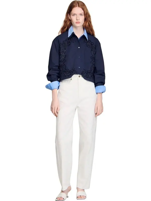 Sandro Floral Embroidered Cotton Shirt - Navy Blue