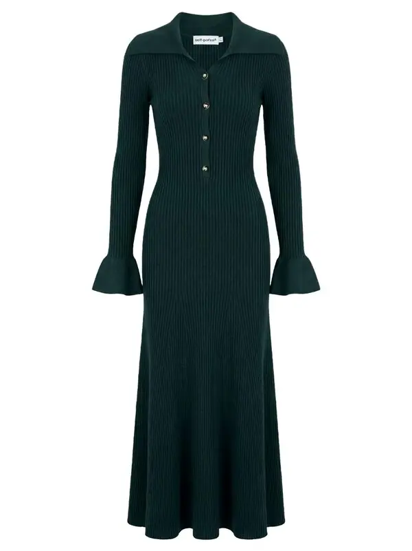 SELF-PORTRAIT Ribbed Knit Polo Collar Midi Dress - Green