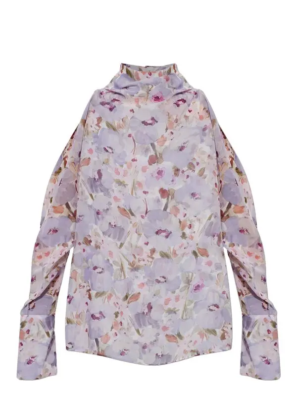 Balmain Floral Print Silk Turtleneck Top - Purple