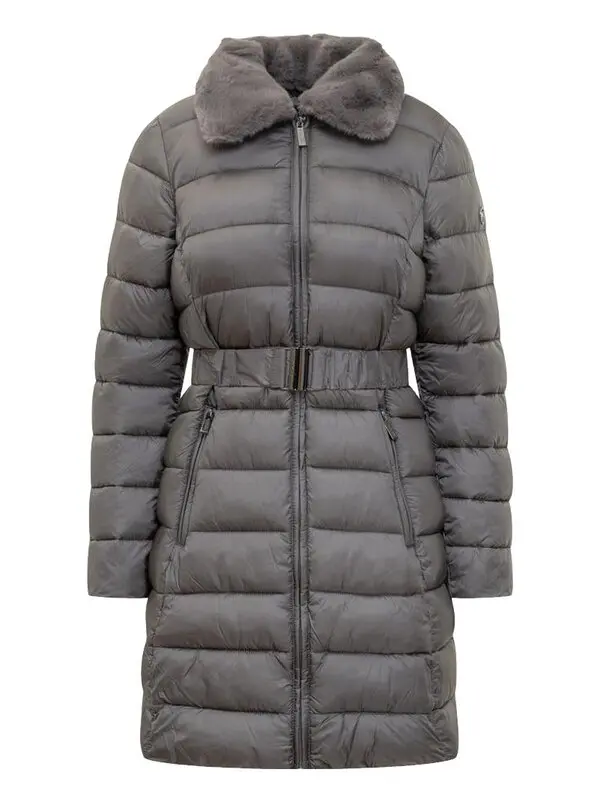 Michael Kors Long Down Jacket With Fur Collar And Belt - Grey