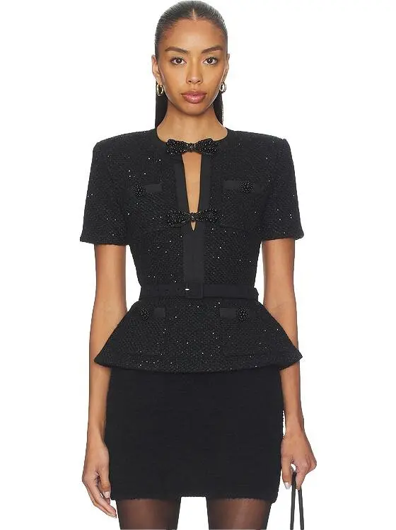 SELF-PORTRAIT Sequin Embellished Peplum Knit Top - Black