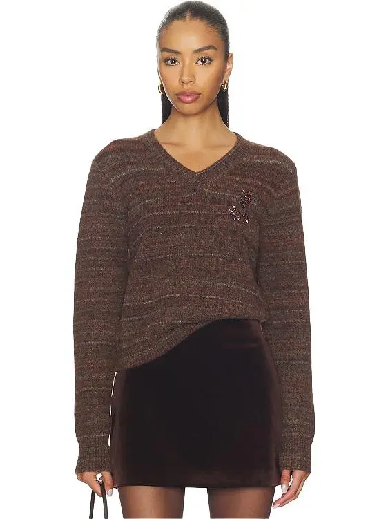 Astr The Label Dasia V-neck Pullover Sweater With Gemstone Embellishment - Brown