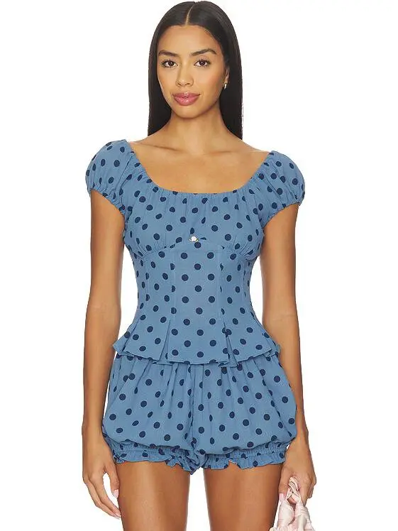 LISA SAYS GAH Polka Dot Puff Sleeve Blouse - Blue