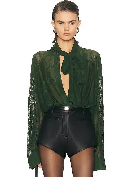 Norma Kamali Super Oversized Boyfriend Bow Bodysuit - Dark Emerald
