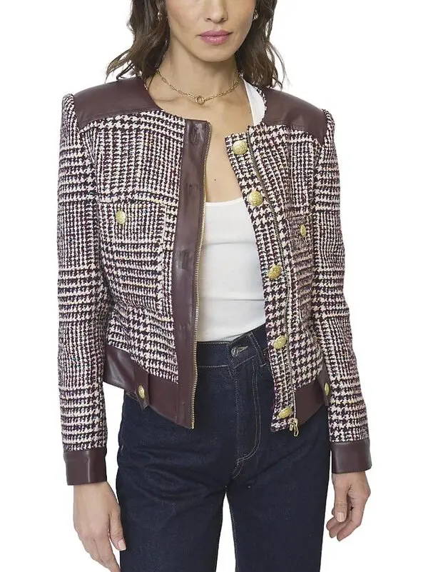 Central Park West Houndstooth Combo Jacket - Burgundy Combo