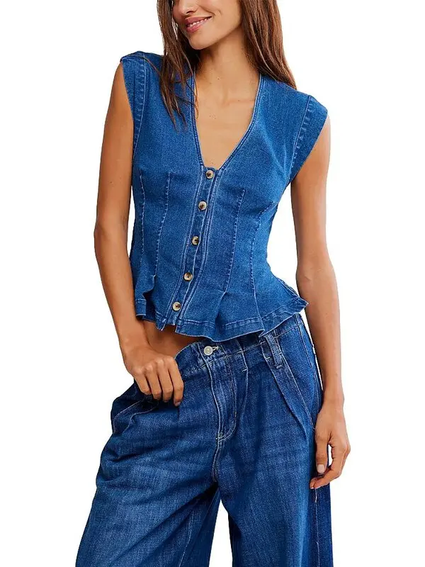 Free People Dylan Denim Vest - Medium Blue