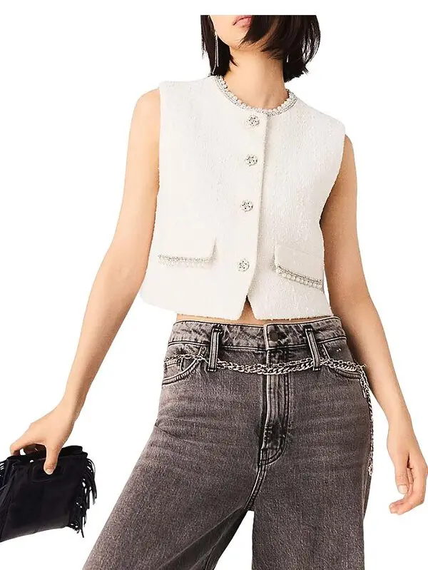 Maje Beaded Tweed Waistcoat - Ecru