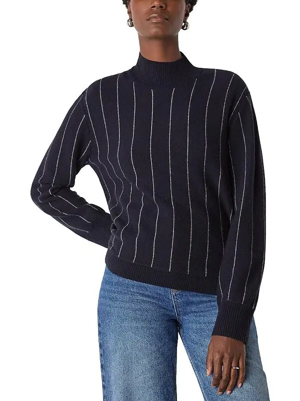 Whistles Stripe Wool Funnel Neck Knit Sweater - Navy