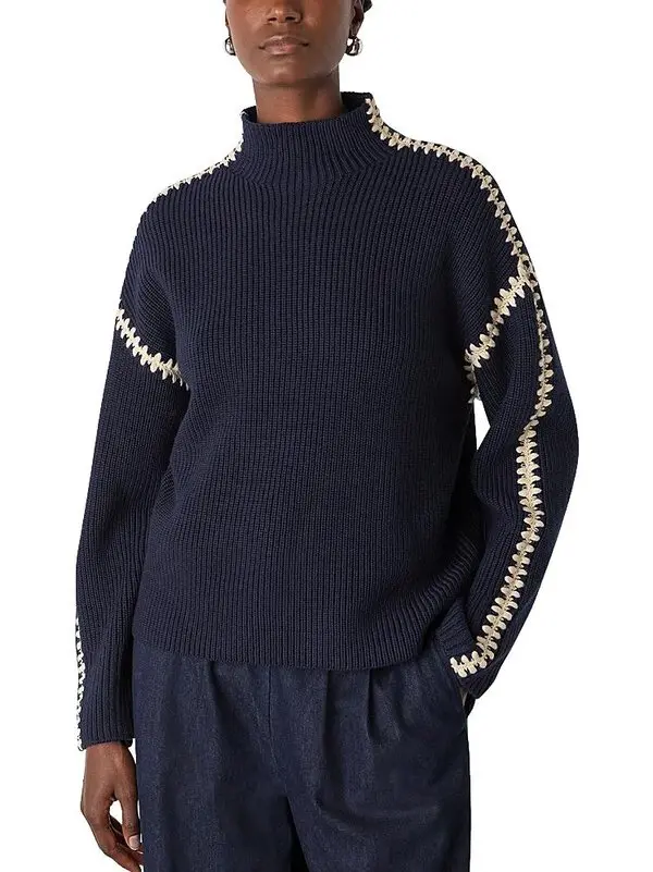 Whistles Blanket Stitch Wool Mix Knit Sweater - Navy