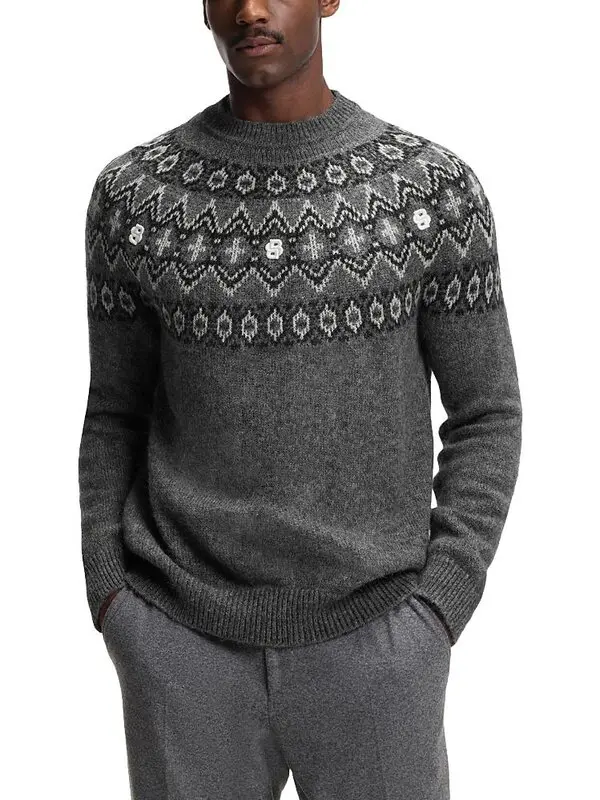 BOSS Hisle Relaxed Fit Fair Isle Sweater - Medium Grey