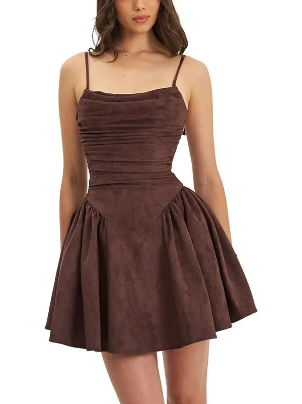 MISS CIRCLE Raisa Suede Ruched Mini Dress - Mahogany