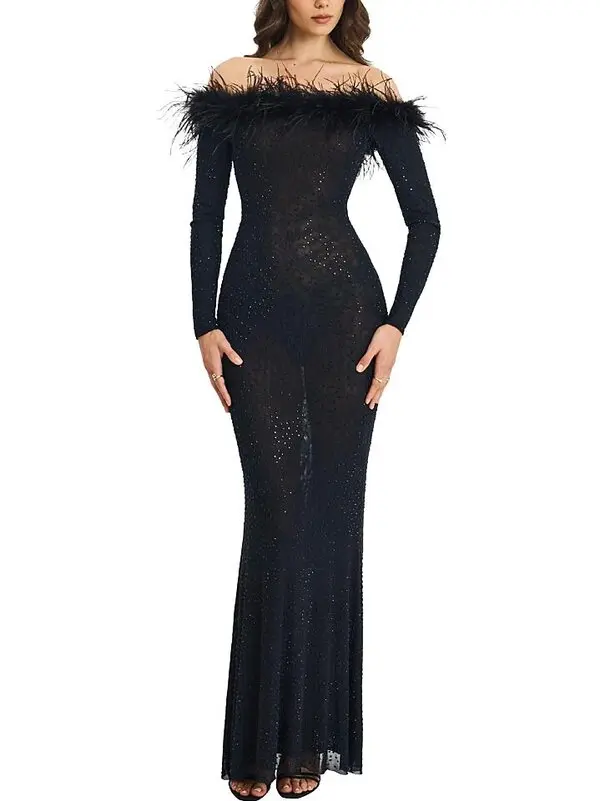 MISS CIRCLE Off-shoulder Rhinestone Mesh Mermaid Dress - Black