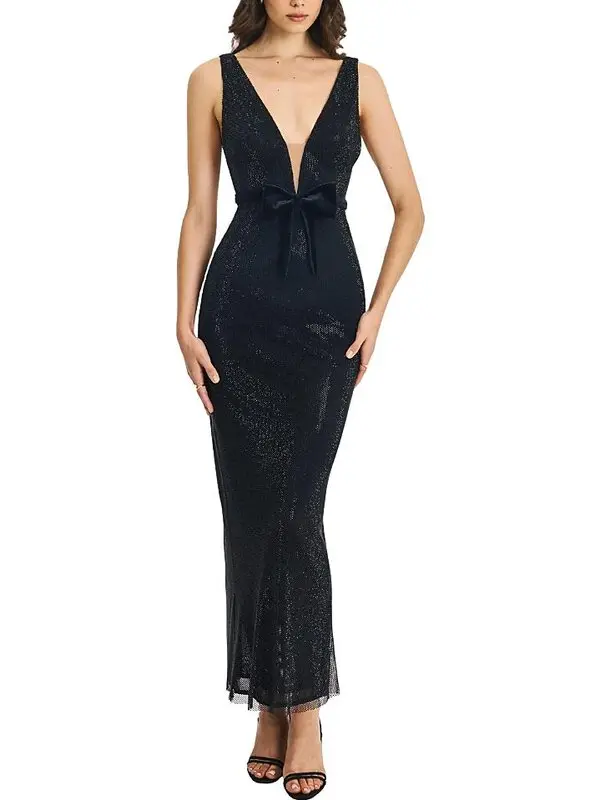 MISS CIRCLE Olympia Rhinestone Maxi Dress With Bow - Black