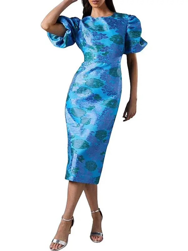 Coast Jacquard Floral Puff Sleeve Midi Dress - Blue
