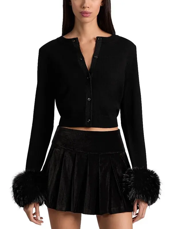 Alice + Olivia Dolly Wool Crewneck Cardigan - Black
