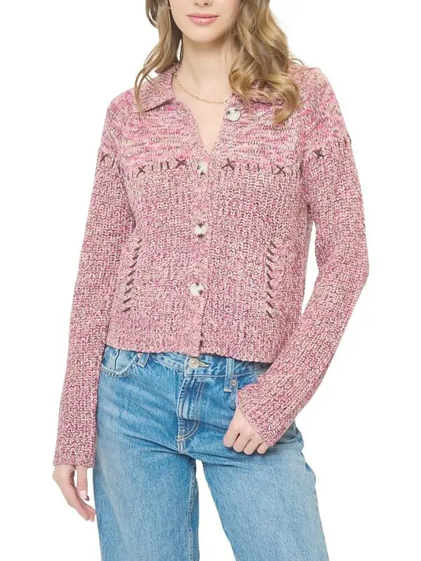 Central Park West Marled Collared Cardigan - Pink