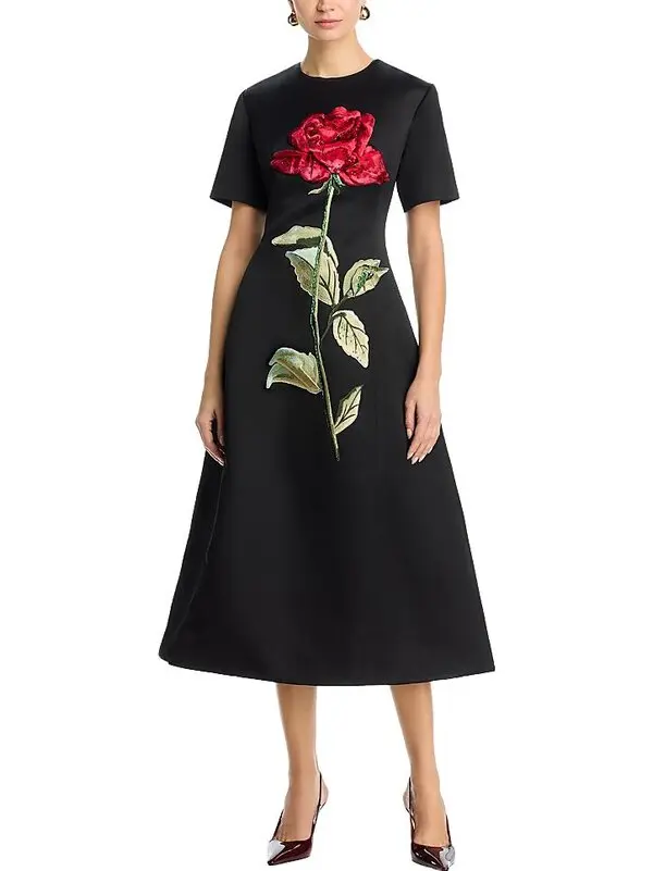 LEO LIN Caroline Applique Rose Midi Dress - Ebony