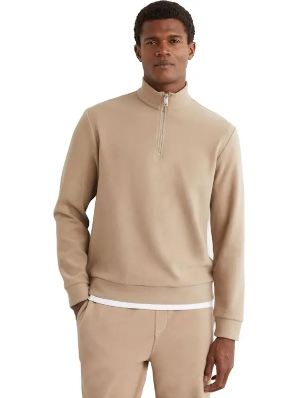 REISS Cotton-blend Ribbed Half-zip Jumper - Camel Brown