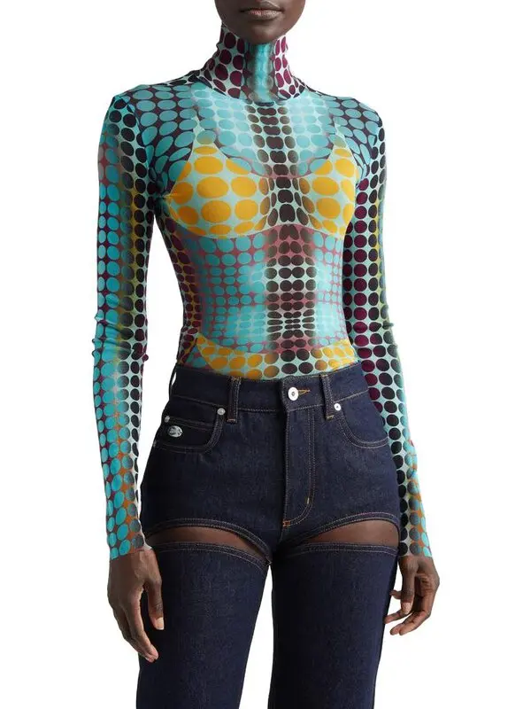 Jean Paul Gaultier Re-edition Polka Dot Trompe L'oeil Long Sleeve Mesh Top - Blue/purple/yellow