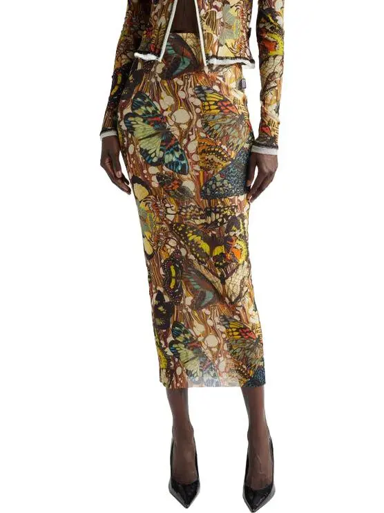 Jean Paul Gaultier Butterfly Print Mesh Maxi Skirt - Yellow/multicolor