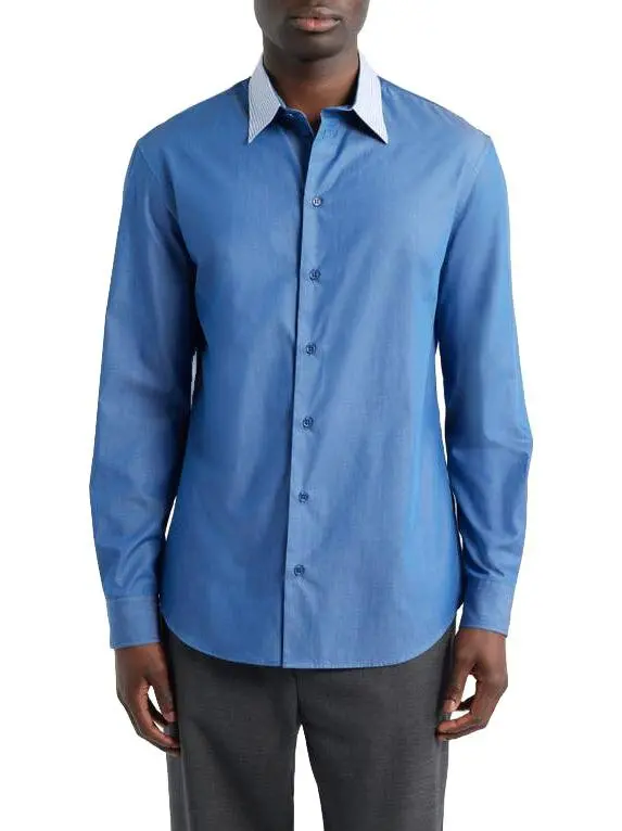 Emporio Armani Blue Cotton Button-up Shirt With Pinstripe Collar - Solid Bright Blue