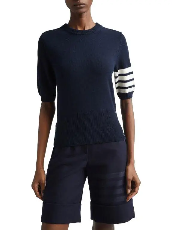Thom Browne Classic Fit 4-bar Short Sleeve Virgin Merino Wool Sweater - Navy