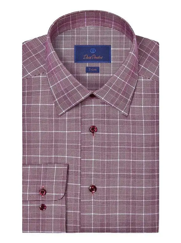 David Donahue Trim Fit Glen Plaid Twill Cotton Dress Shirt - Merlot