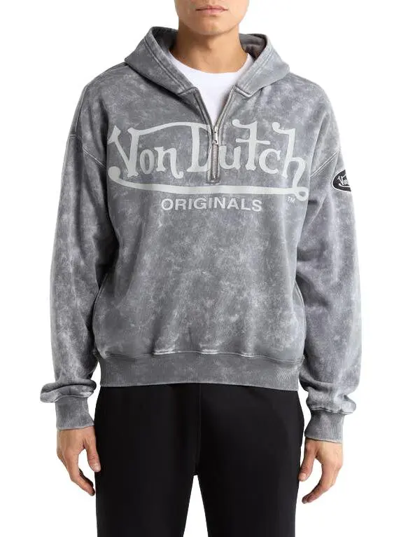 VON DUTCH Oversized Crop Quarter Zip Fleece Hoodie - Dark Grey Mineral Wash